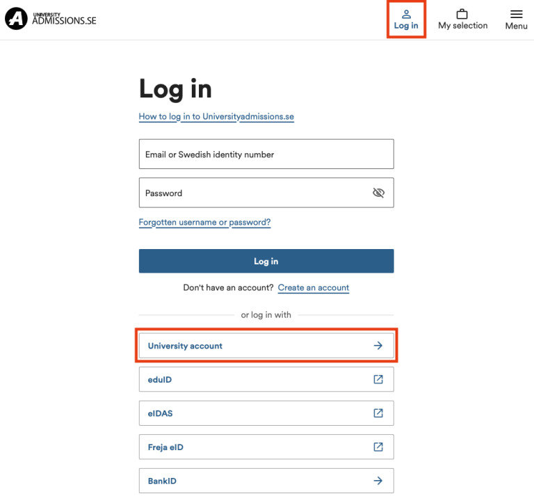 Logging in at Universityadmissions.se – Manual